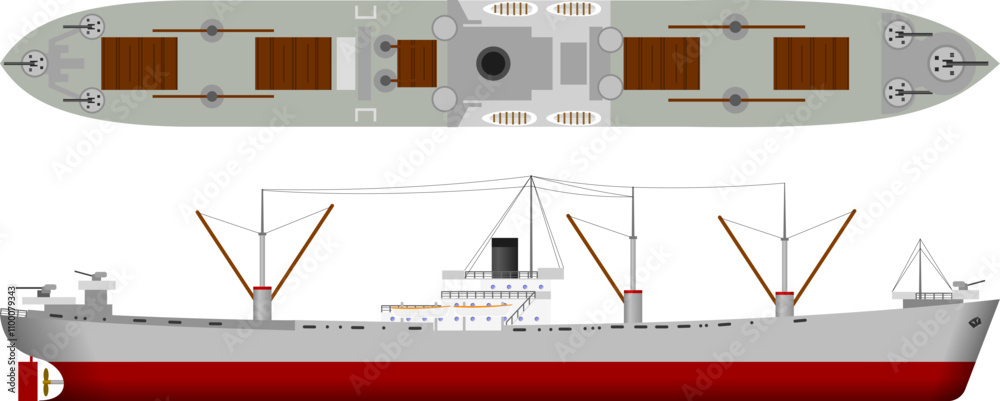 WW2 Cargo Ship. Side and top profile of a mass-produced cargo ship from ...