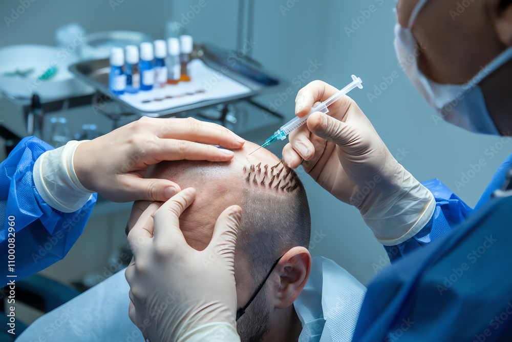 Hair restoration procedure taking place in a modern clinic with an ...