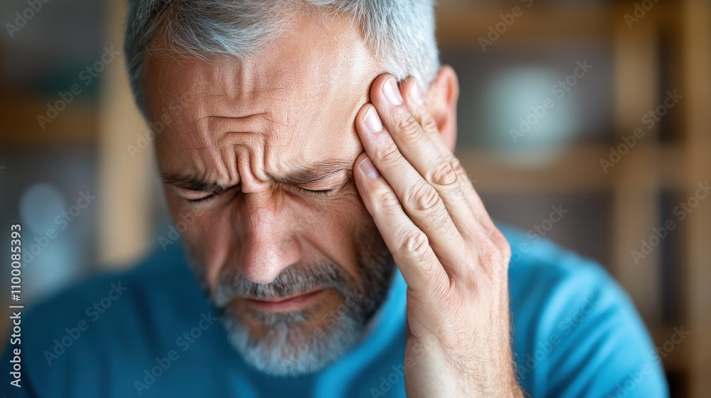 A middle-aged man with a pained expression holds his head, indicating a ...