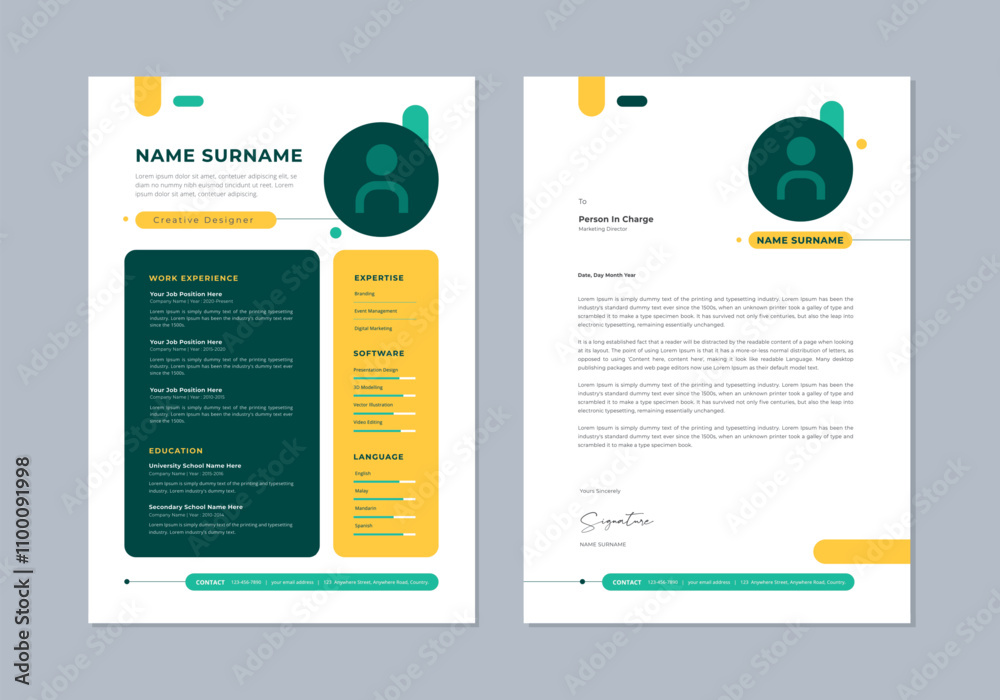 Modern green and yellow professional cv resume. Vector job application ...