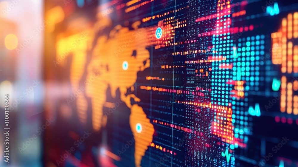 Visualize vibrant cybersecurity dashboard displaying global hacking attempts, with world map ...