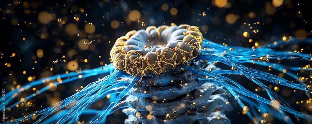Anatomical structure of the spinal cord surrounded by dynamic blue and ...