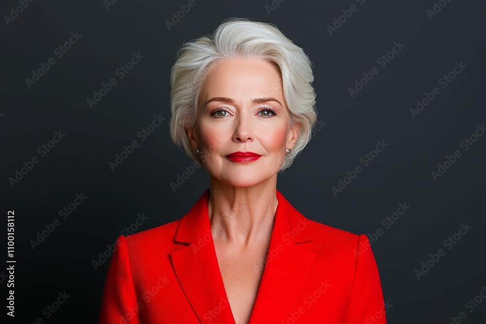 The image of a strong, stern elderly woman in a red jacket against a ...