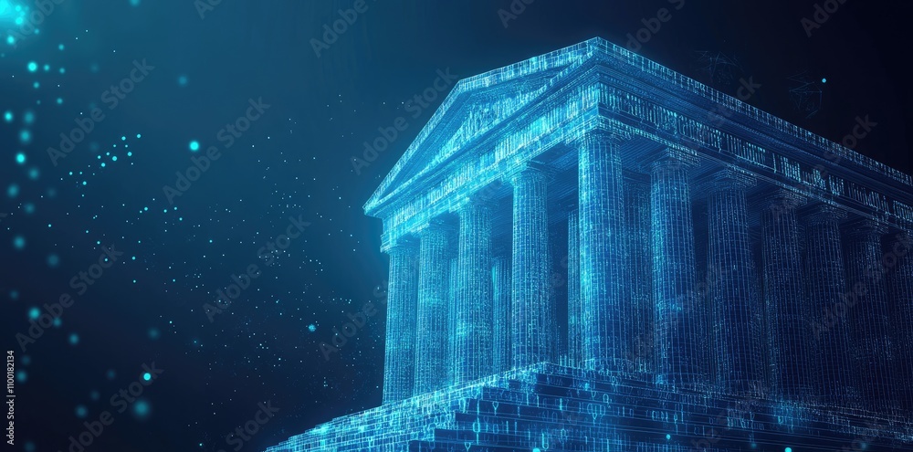 Low Poly Blur Bank Building with Neon Glowing Lines, Digital Background ...