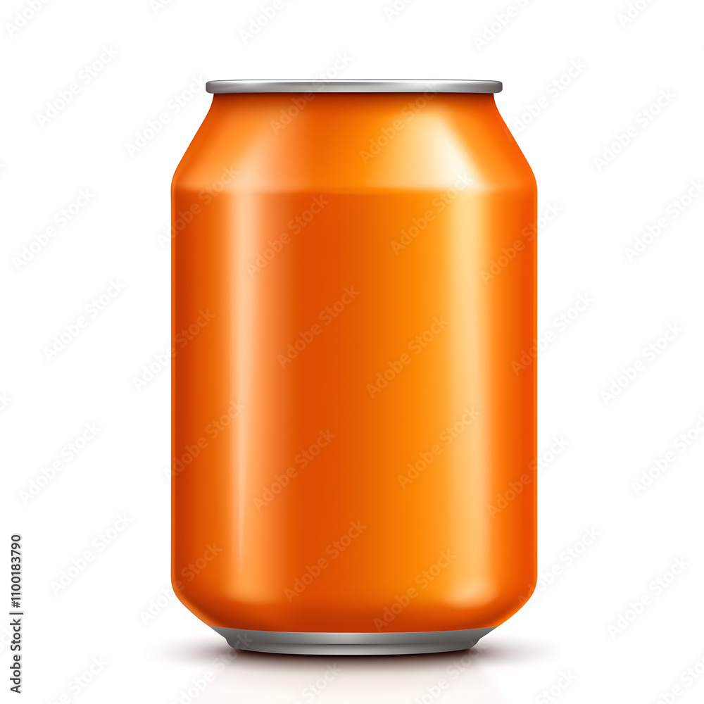 Bright orange soda can with a smooth metallic finish sits on a clean ...