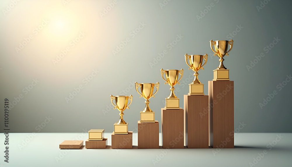 Collection of golden trophies on wooden podiums showing achievement ...