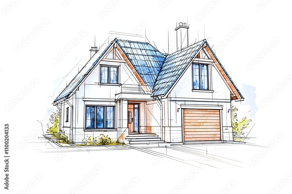 Detailed Architectural Sketch of Modern House Design with Gabled Roof ...