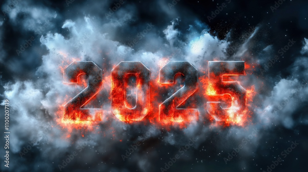 Fiery 2025 Text with Explosive Flames and Smoke Effect in a Dark Sky ...