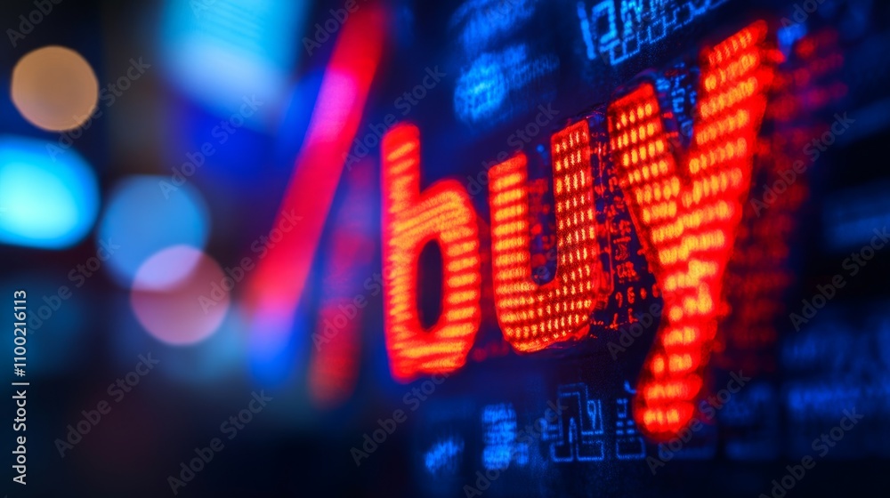 Brightly lit 'buy' indicator stands out on a stock market screen ...
