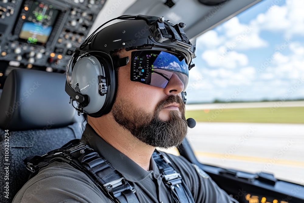 Ilustración de Stock A pilot in a flight simulator, practicing takeoff ...