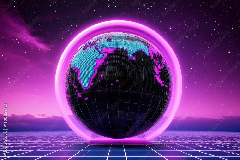 A pixel art globe spinning on its axis, with a retro grid background ...