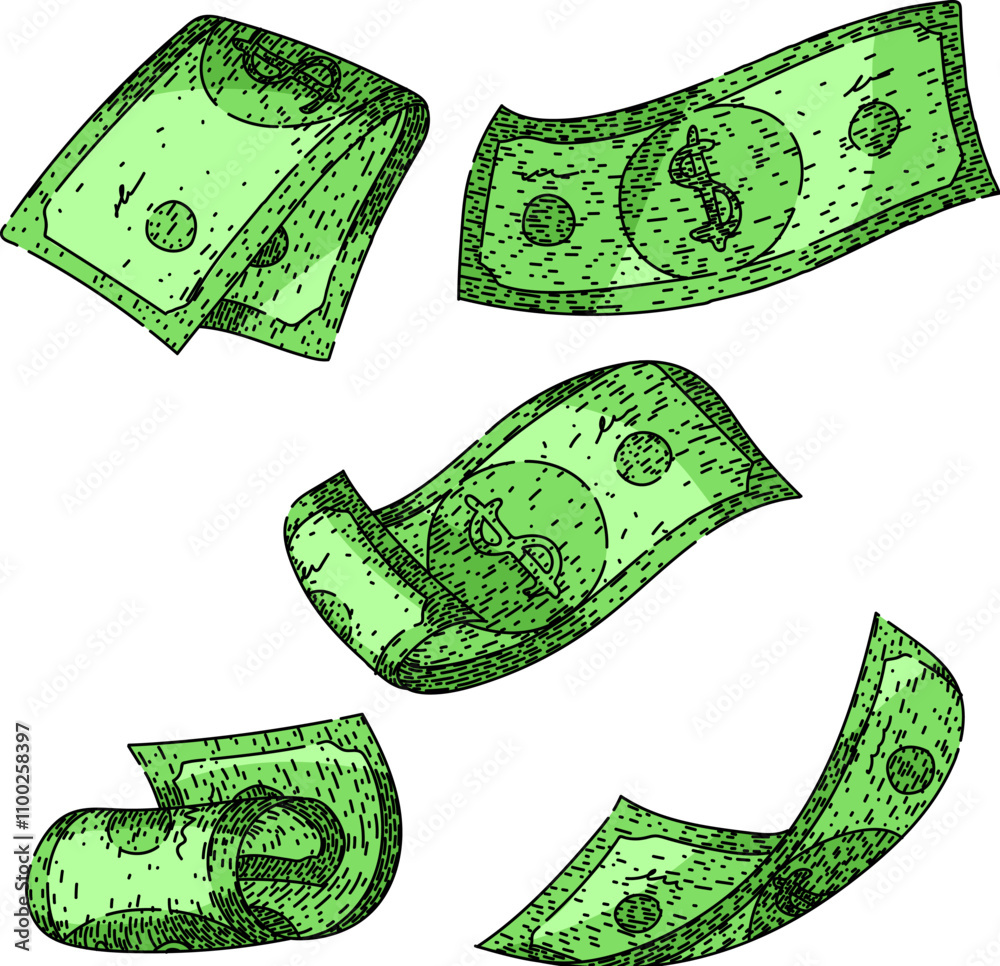 dollar bill set hand drawn. cash greenback, banknote finance, trade ...