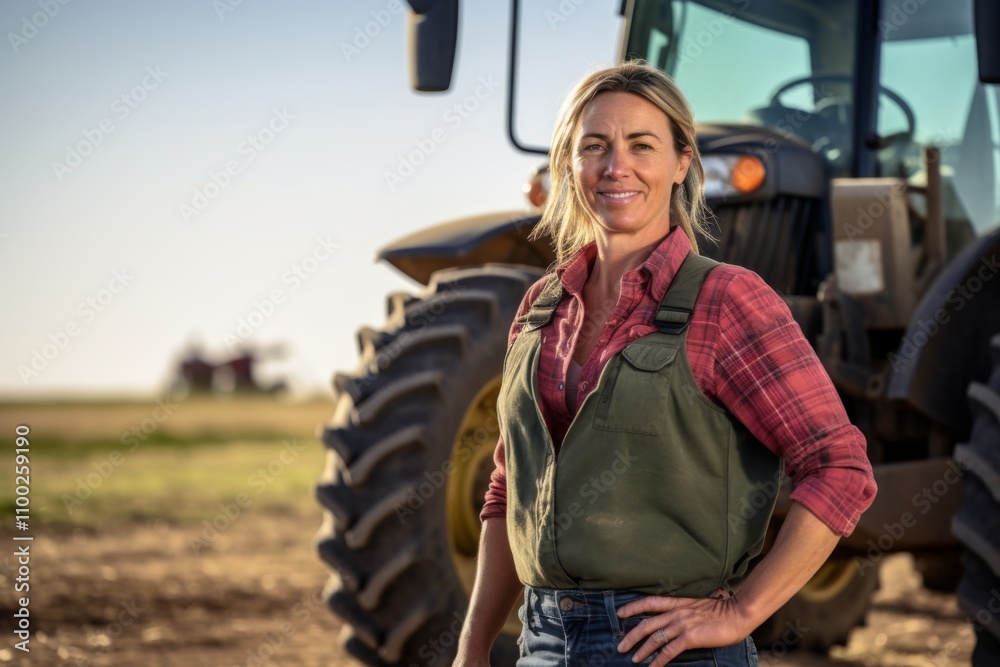 Smiling middle aged female farmer standing next to tractor on field ...
