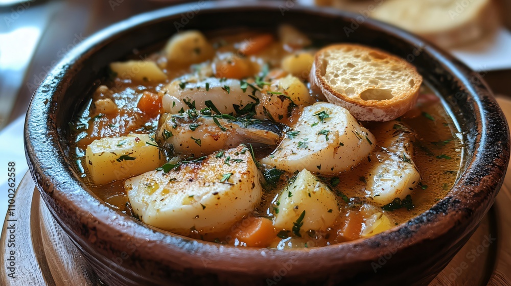 Delicious monkfish stew with potatoes, carrots, and parsley garnished ...