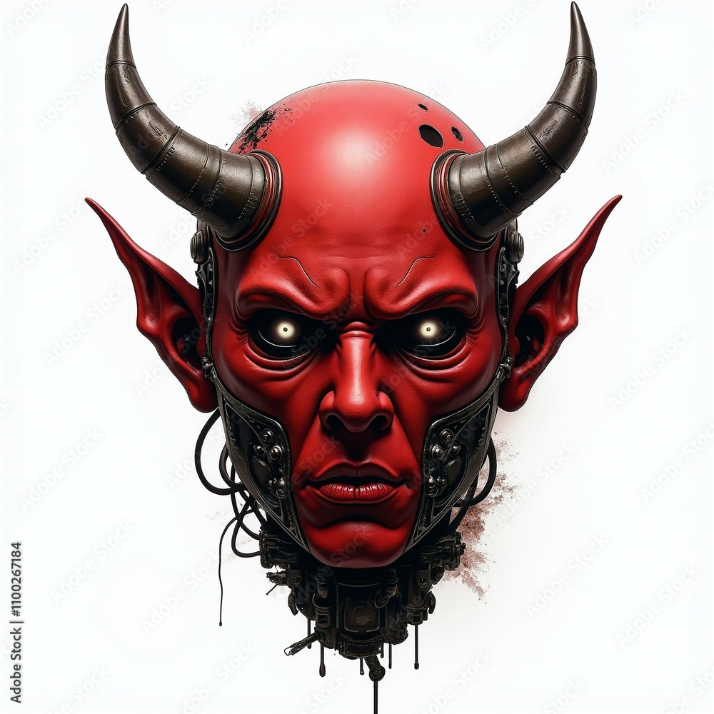 Terrifying Red Devil Mask with Distressed Weathered Texture, Sharp Teeth, and Fiery Horns ...