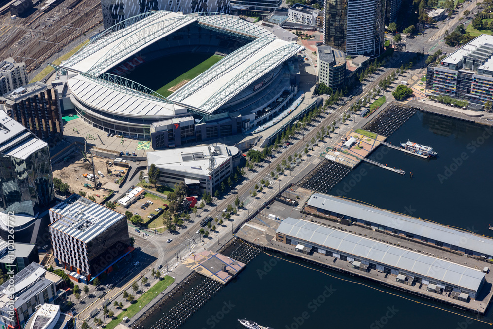 Aerial view of vibrant marvel stadium and waterfront with modern ...