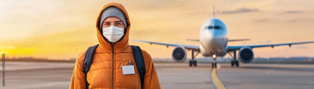 travel restrictions concept. A traveler wearing a mask and presenting a ...