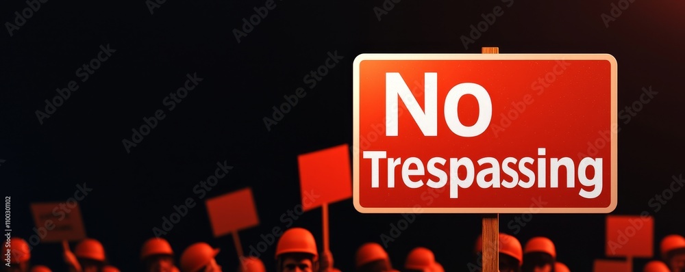 Law restriction concepts, A group of people holding a "No Trespassing ...