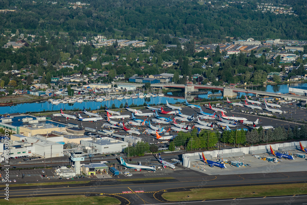 Seattle, United States - 27 May 2020: Aerial view of new airplanes at ...