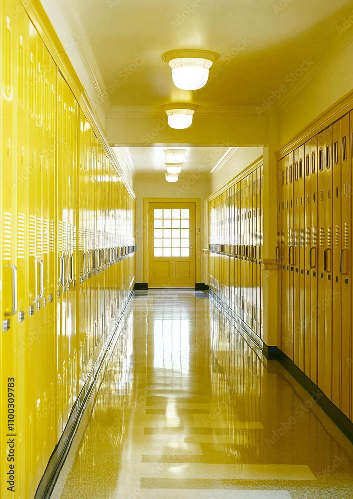 A school hallway with lockers lining the walls - yellow and white ...