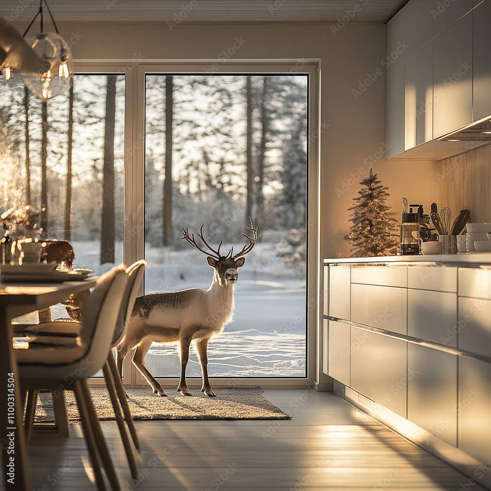 Scandinavian premium kitchen golden light seen from front. Real live ...