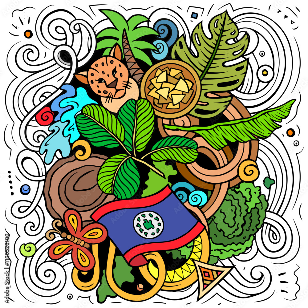 Vector doodle illustration with Belize theme. Funny design, capturing ...