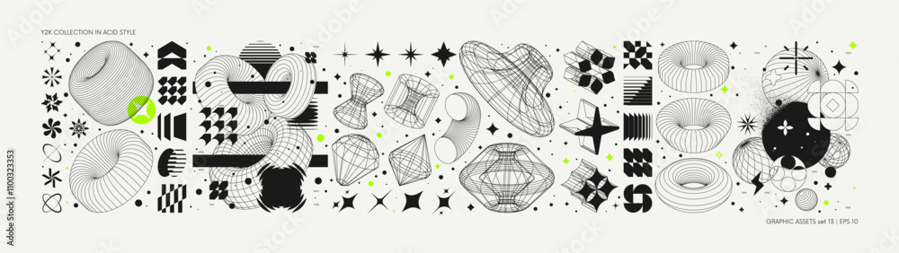 Vector graphic assets set in acid style, retro futuristic background ...