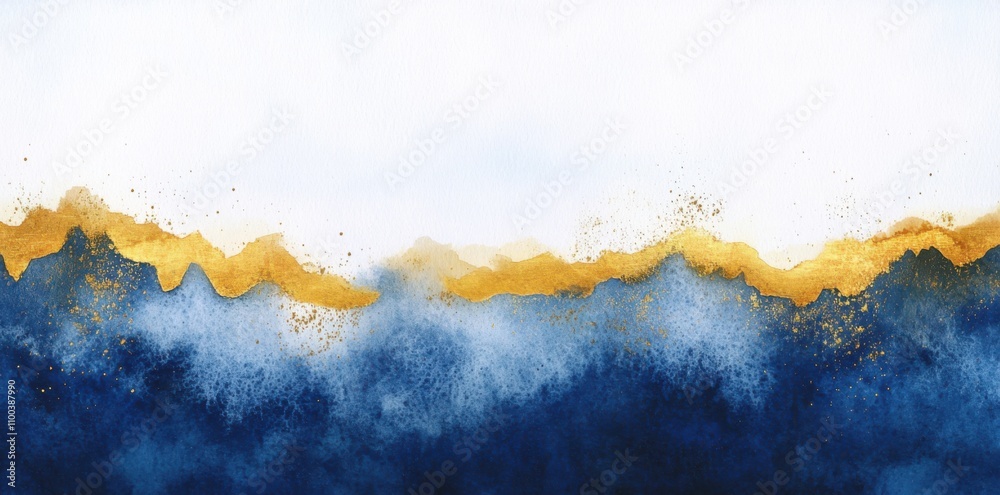 Hand-painted watercolor background with blue paint spills on paper ...