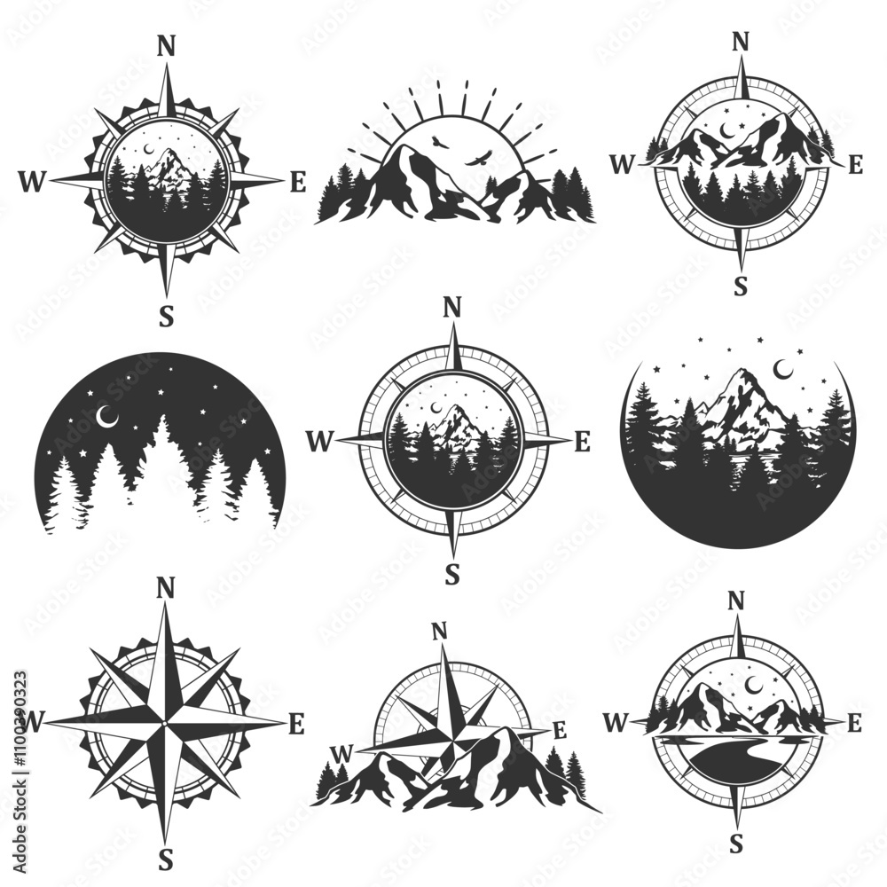 Compass Mountain Illustration Clip Art Design Shape. Night Landmark ...