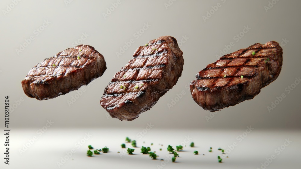 Grill Beef steaks, realistic 3d brisket flying in the air, grilled meat collection, ultra ...