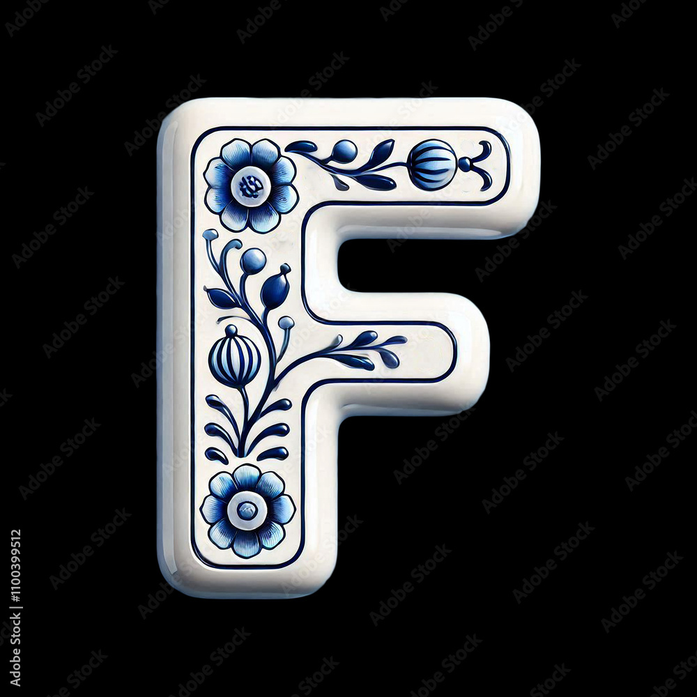 Beautiful white and blue porcelain font, ceramic letter F with floral ...