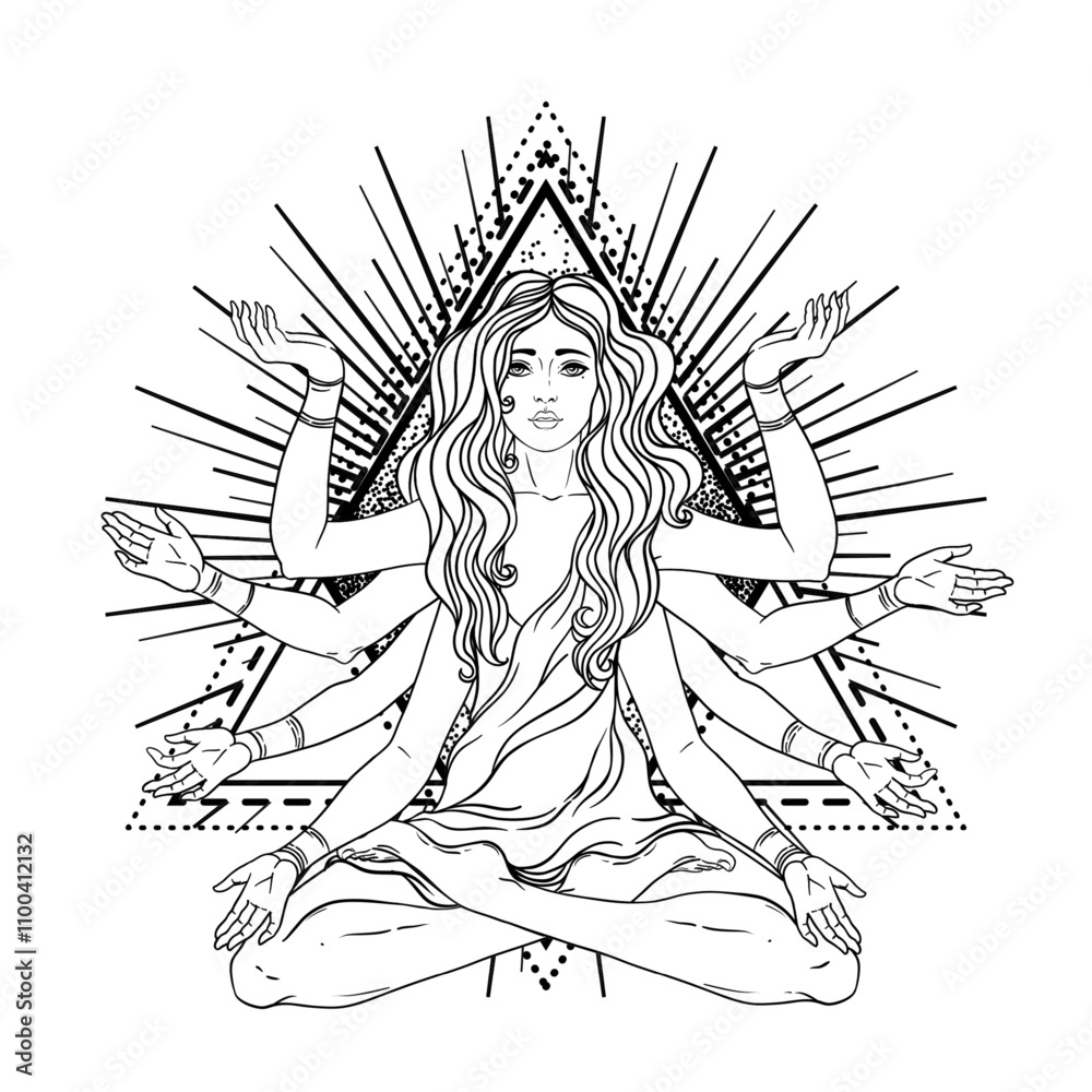Beautiful woman with long hair and multiple hands sitting in lotus yoga ...