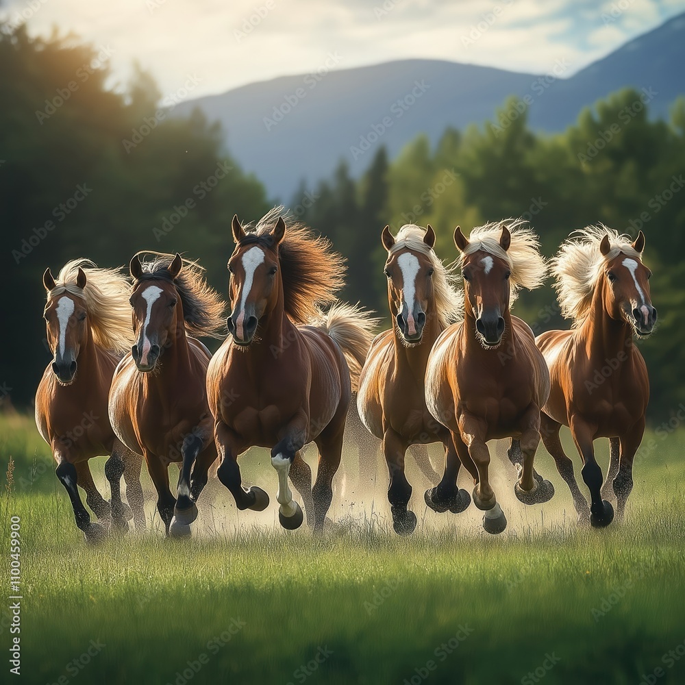 Seven brown horses run freely across grassy field. Sunlight highlights ...