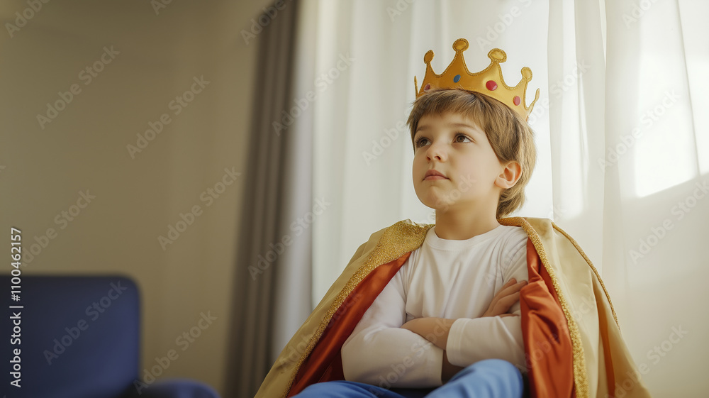 Child wearing king costume is sitting with crossed arms and looking ...