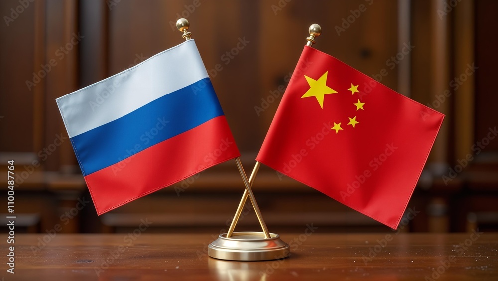 National flags of Russia and China on wooden table. Friendship and mutually beneficial ...