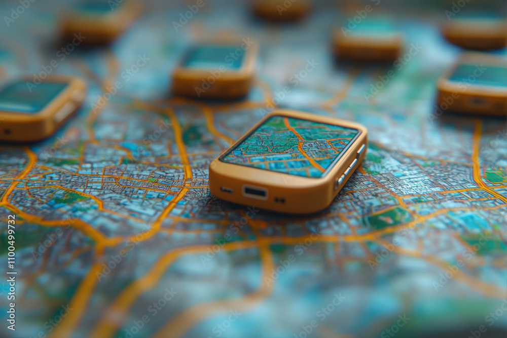 Digital Handsets Integrated Into a Detailed Map Highlight Modern ...