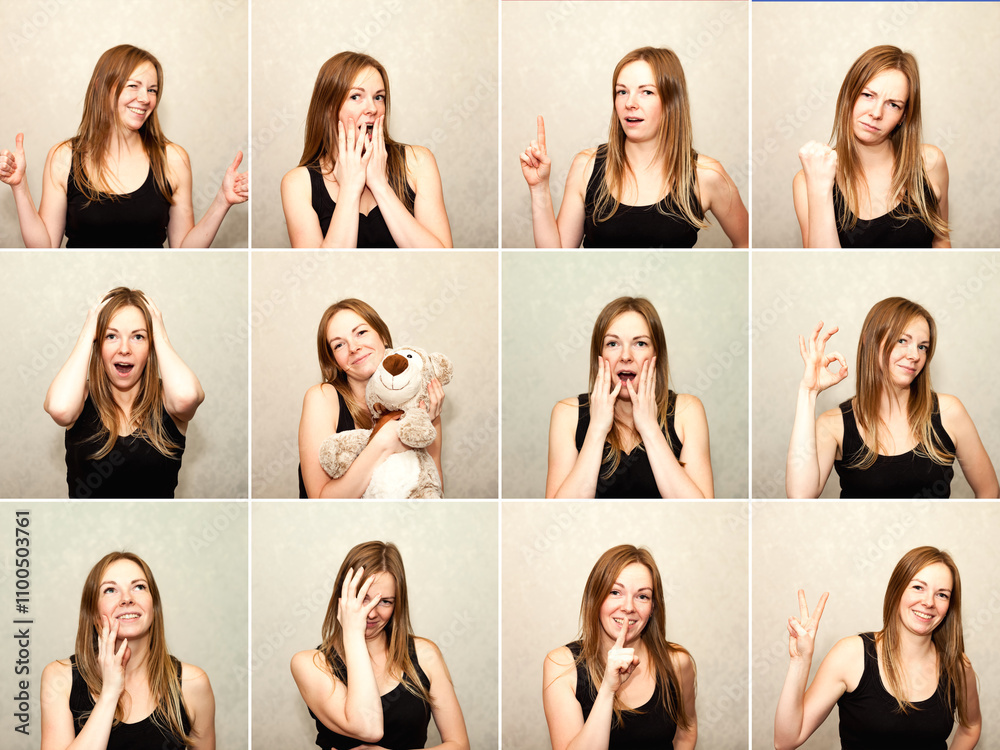 Collage set of shots adult lady with different facial expressions ...