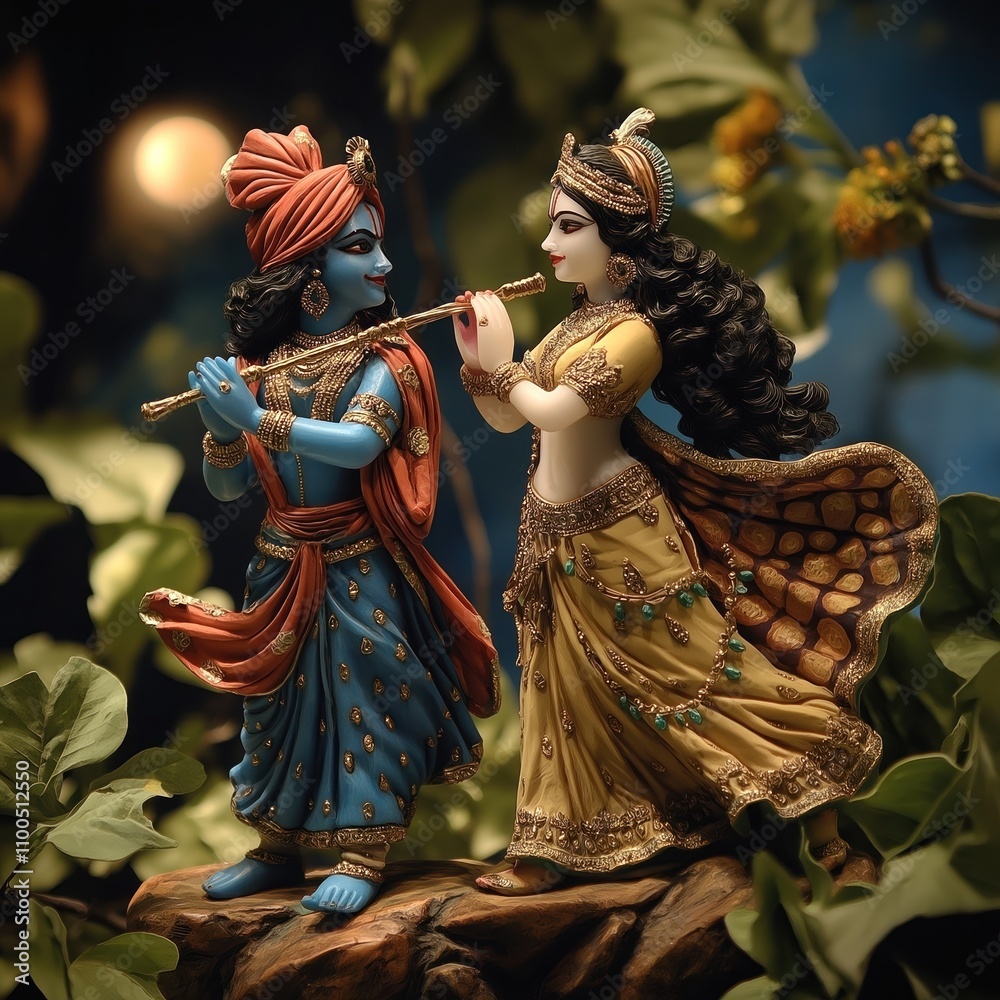 Lord Krishna plays flute for Radha Rani. Hindu deities display love ...