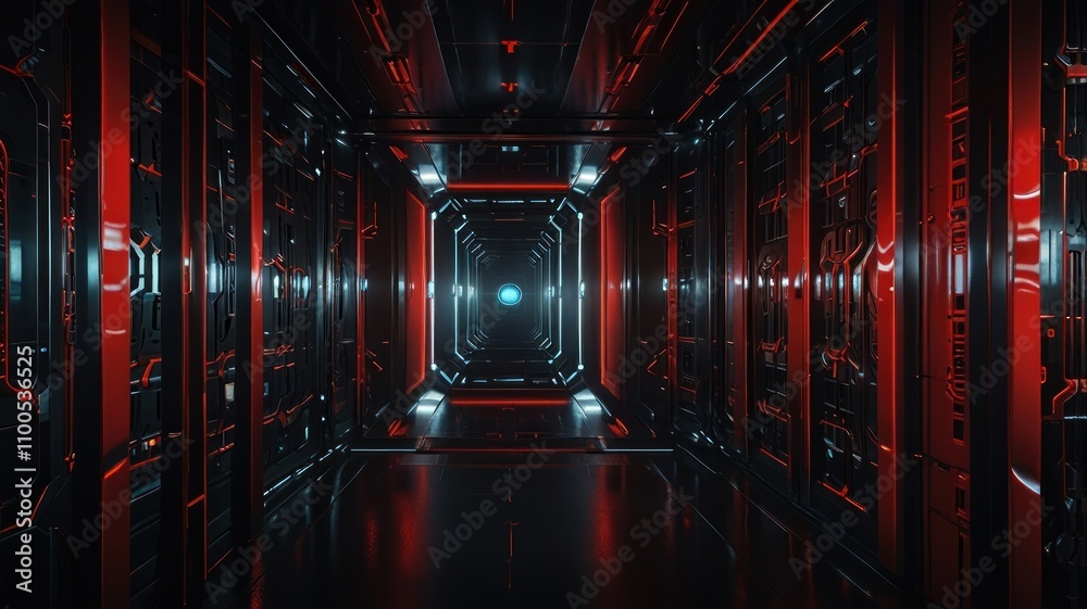 Here's a caption and keywords for your image.. Red and black futuristic ...