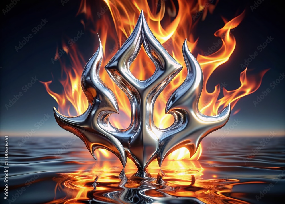 3D Chrome Metal Y2K Fire Flame Design in Liquid Mercury Style, Abstract ...