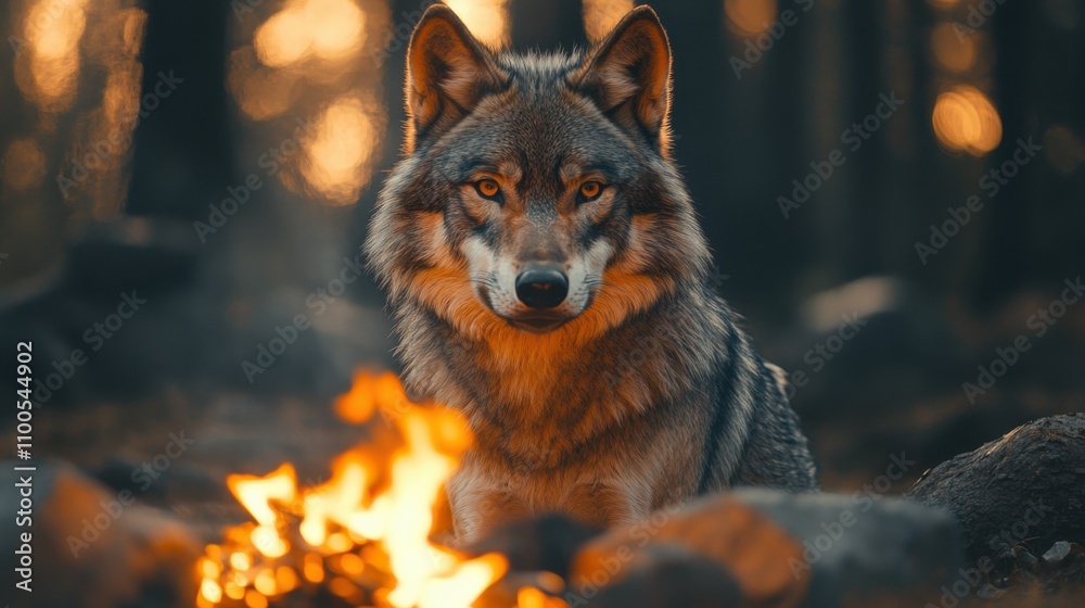 Majestic wolf standing near a campfire in a dense forest at sunset ...