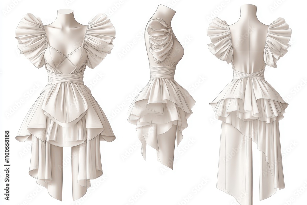 Technical illustration for a tiered mini dress features draping ties ...