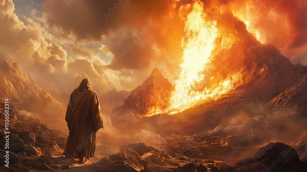 Moses stands in awe as the burning bush ignites against the rugged ...
