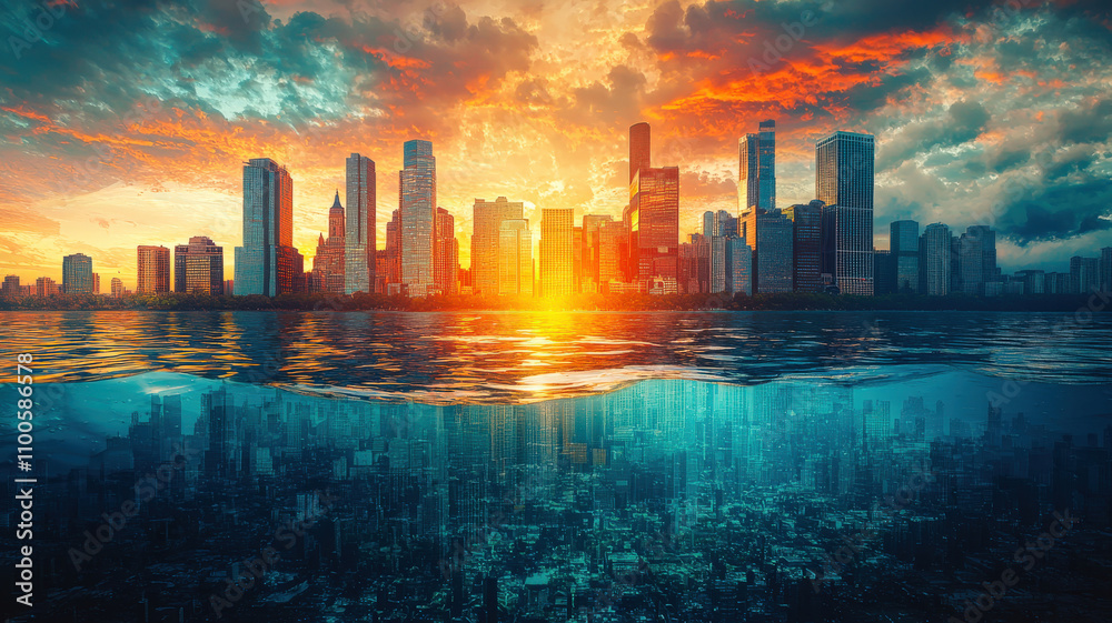 A dynamic climate change awareness banner featuring a rising sea level ...