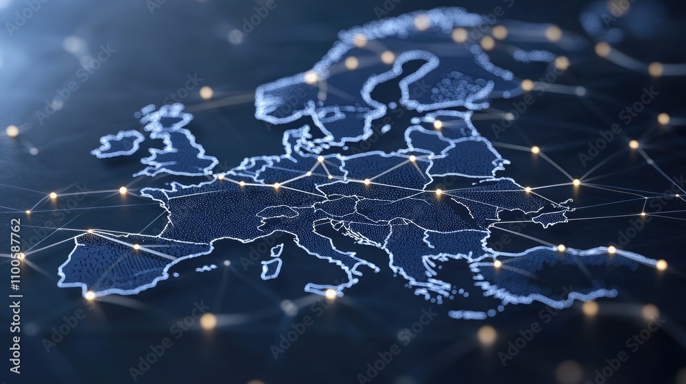 Glowing connections illuminate a digital map of Europe, representing ...