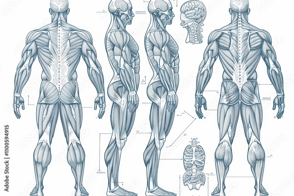 Detailed illustration of human muscular anatomy showcasing front, side ...
