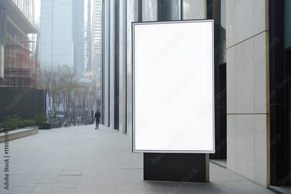 Blank white signage on building facade in city. Empty signboard awaits ...