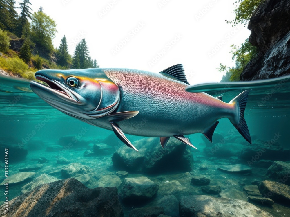Large Atlantic King salmon in its natural habitat with a pure white sky ...