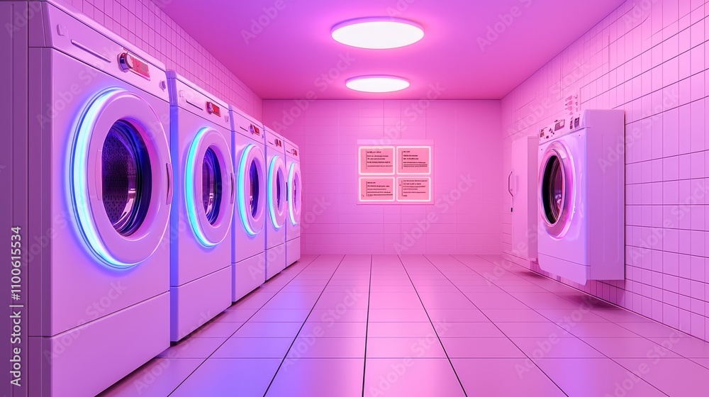 Hostel washing area, front-loading machines with instruction signs ...