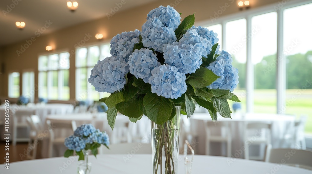 Tall glass vase filled with blue hydrangeas sits on empty table at ...